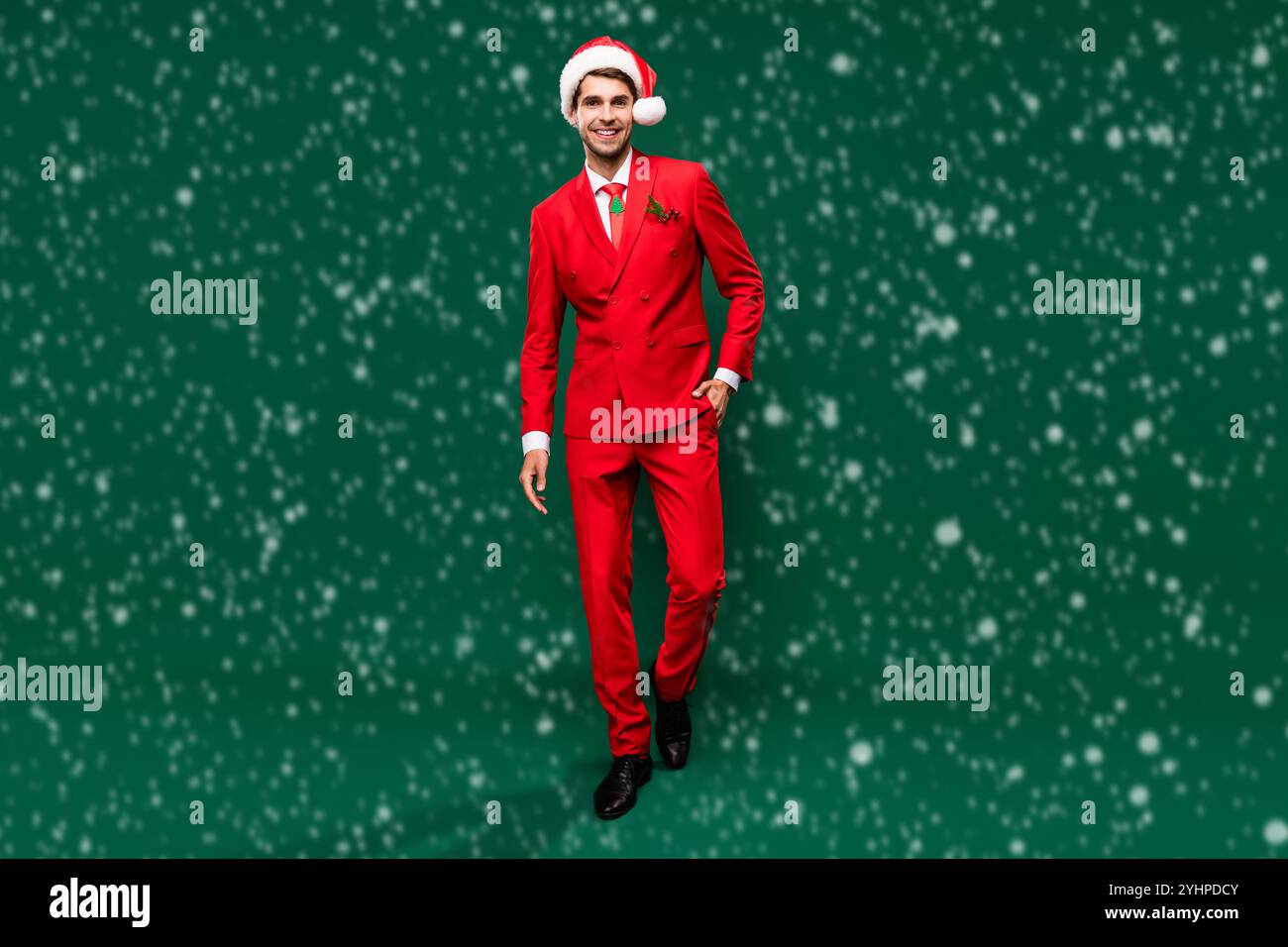 Full length photo of satisfied glad person arm pocket walk toothy smile ...