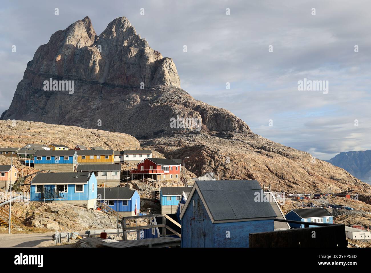 View of the Greenlandic town of Uummannaq with its distinctive rock ...