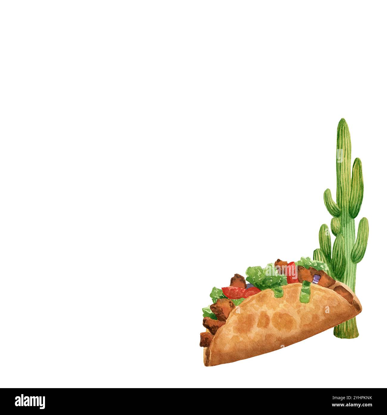Composition with taco and cactus. Watercolor illustration isolated on ...