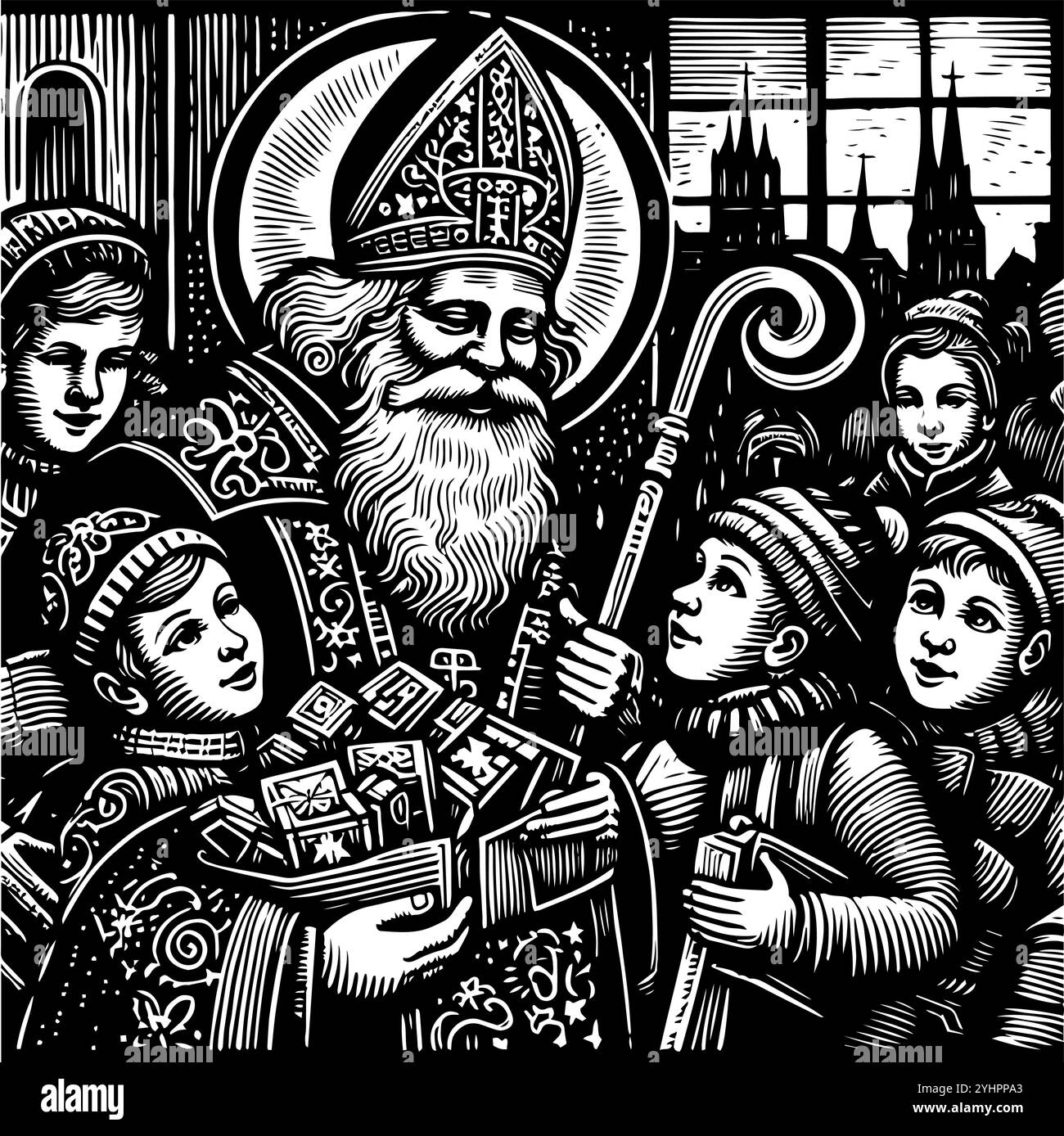 Vintage linocut illustration depicting Saint Nicholas delivering ...