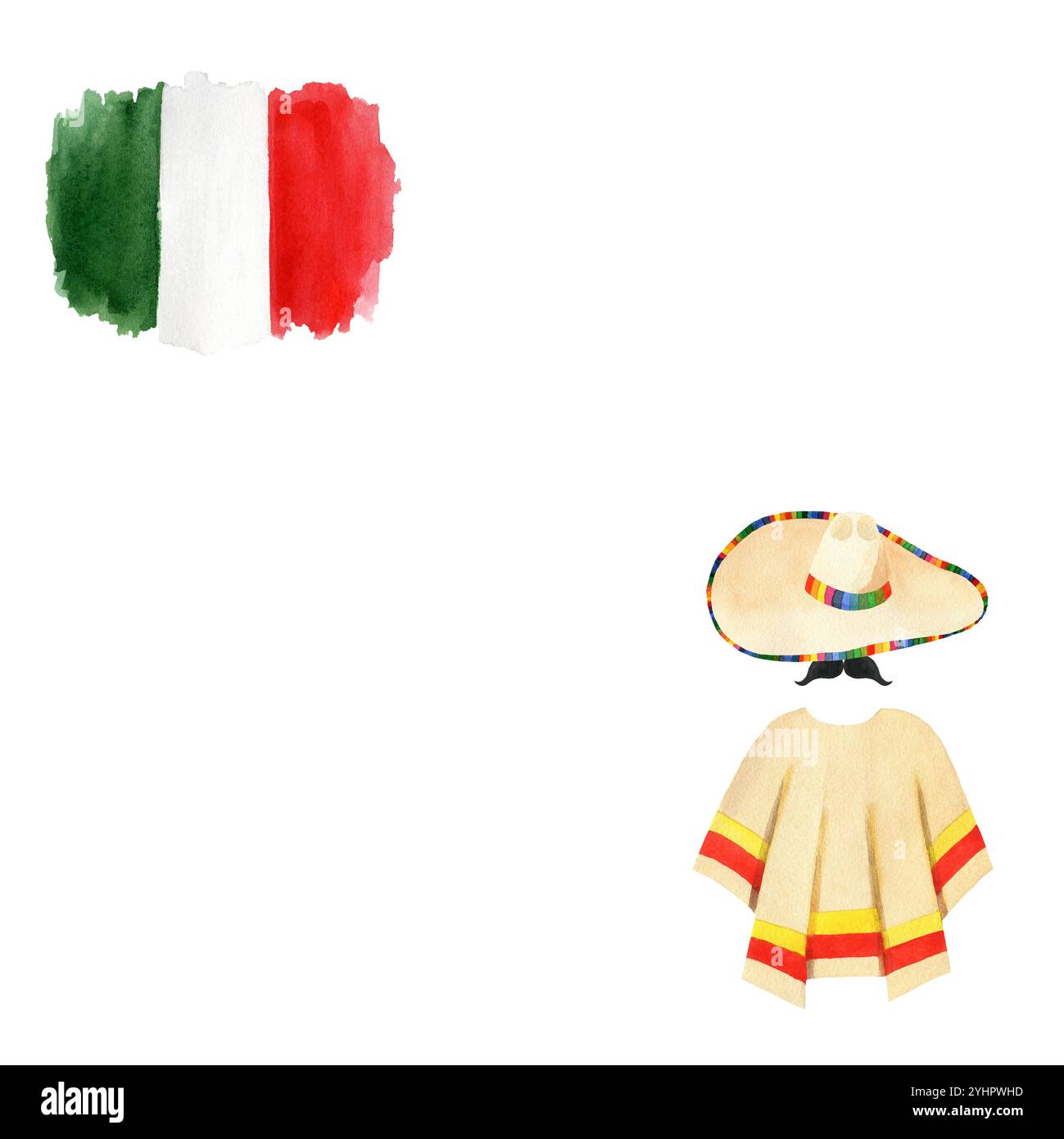 Mexican poncho and sombrero with mustache and Mexican flag isolated on ...