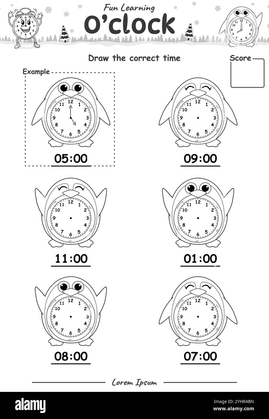 What is the time Worksheet with penguin black and white with name Stock ...