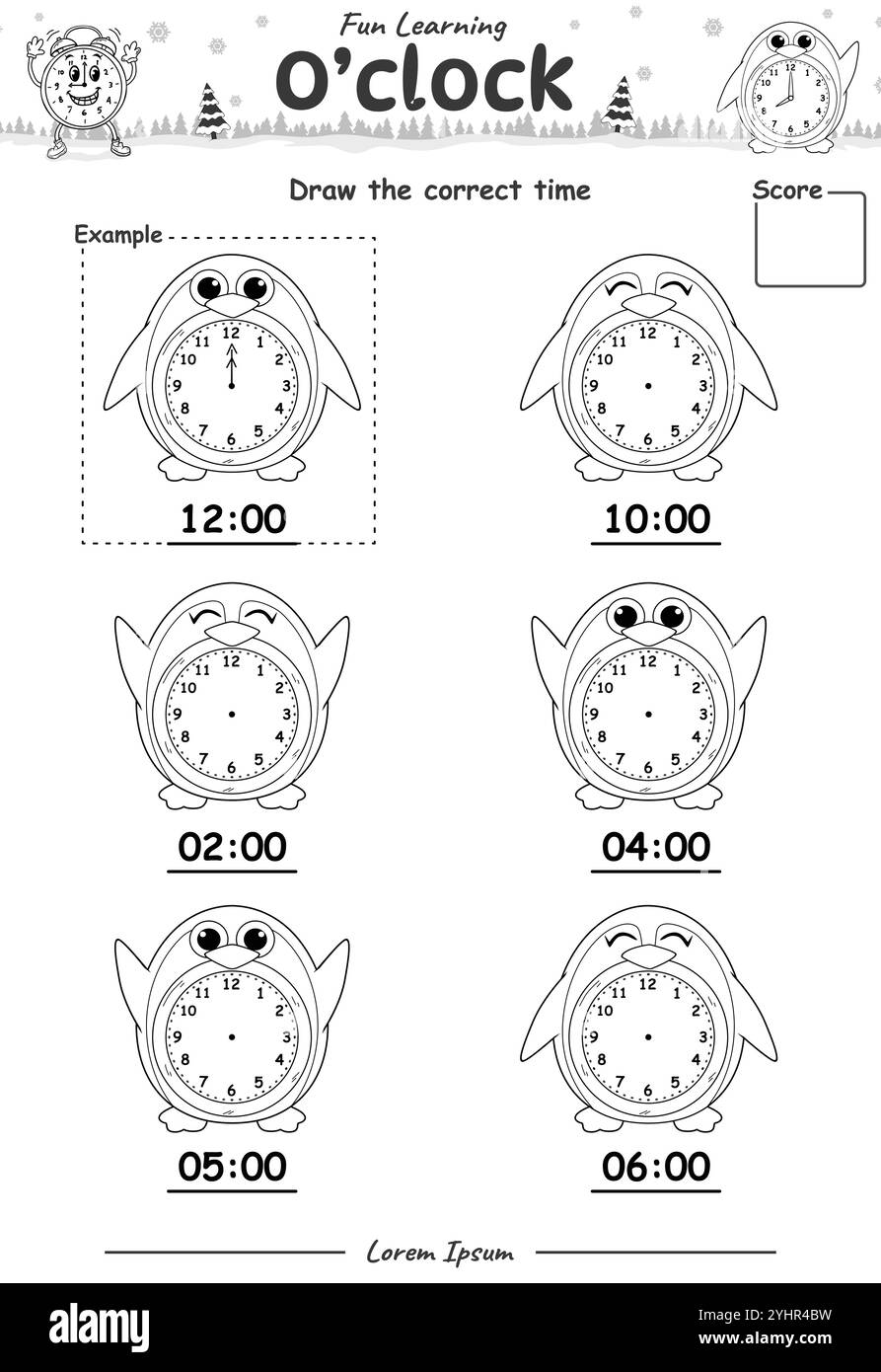 What is the time Worksheet with penguin black and white with name Stock ...