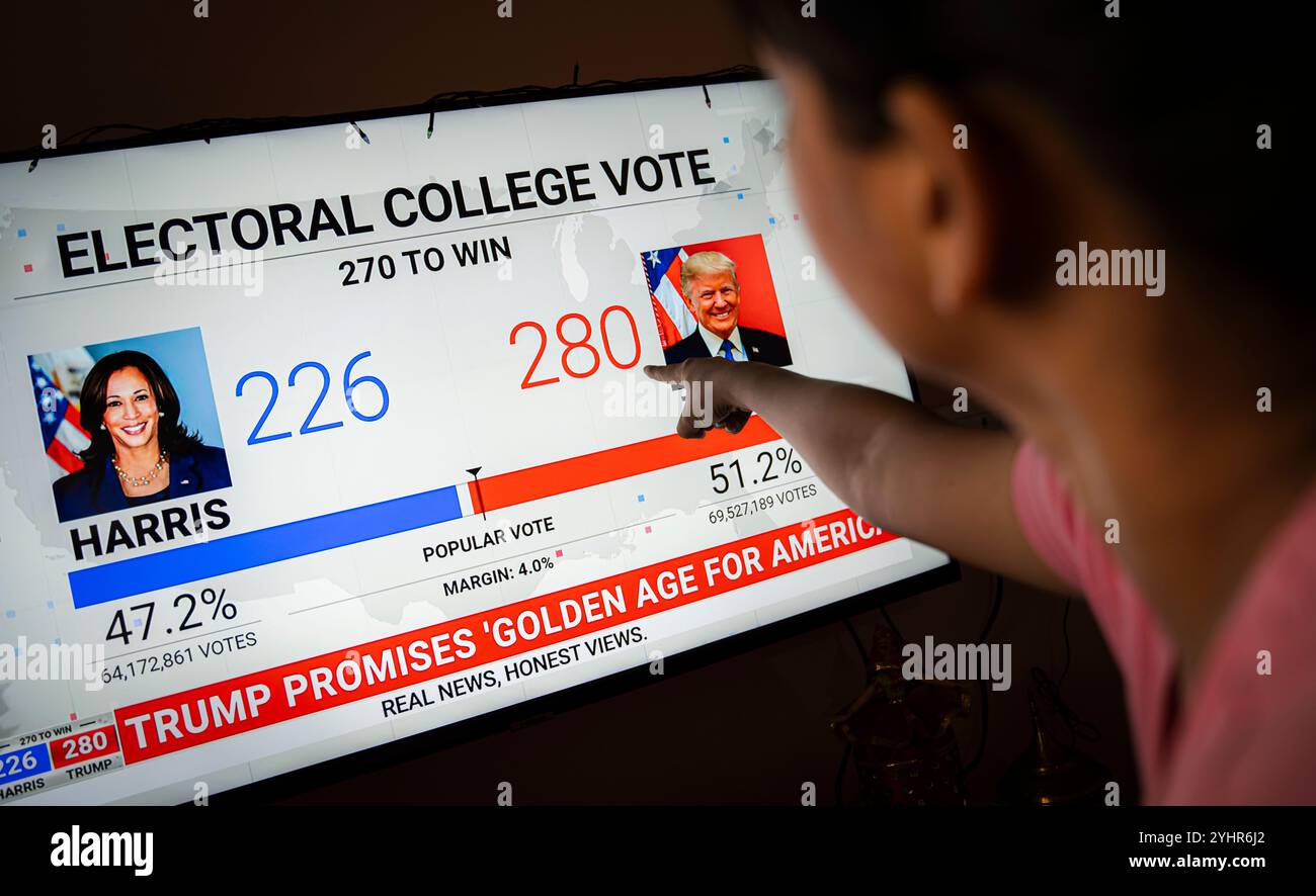 November 6, 2024: In this photo illustration, a person watch results of ...