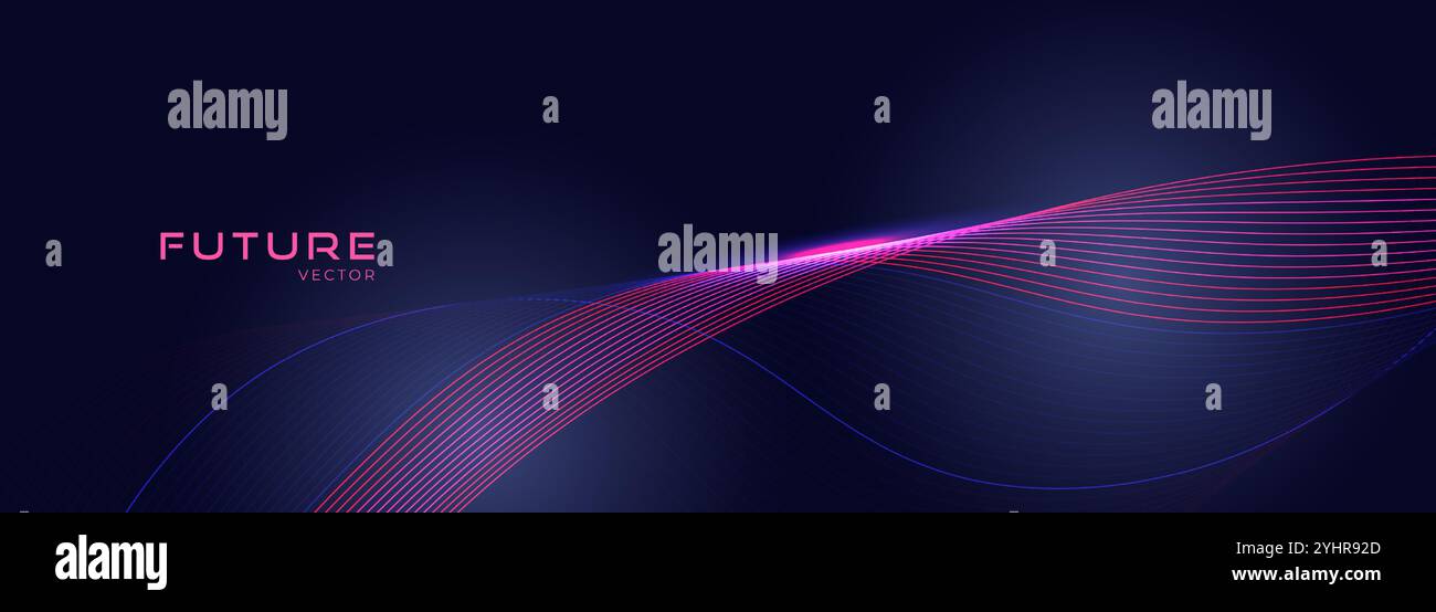Glowing blue and pink wavy lines on abstract technology dark blue ...