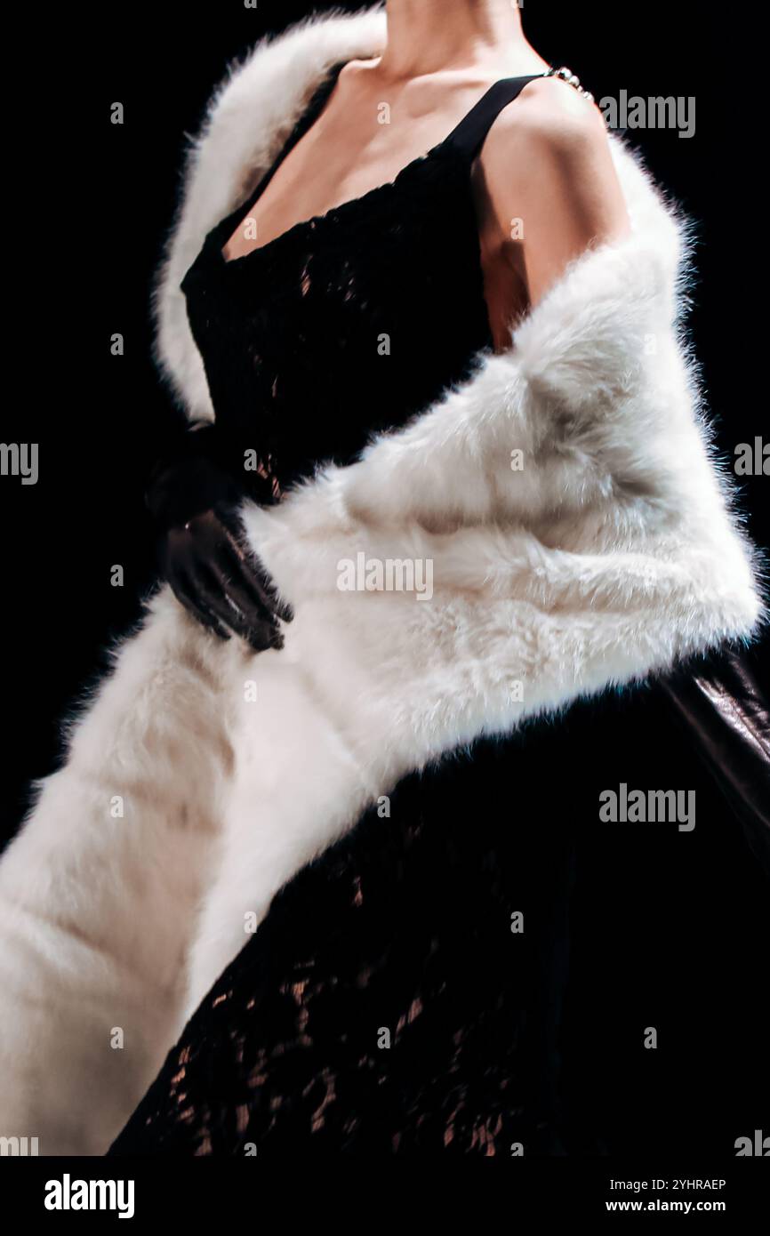 Old money style, fashion details of luxury white fur scarf and black ...