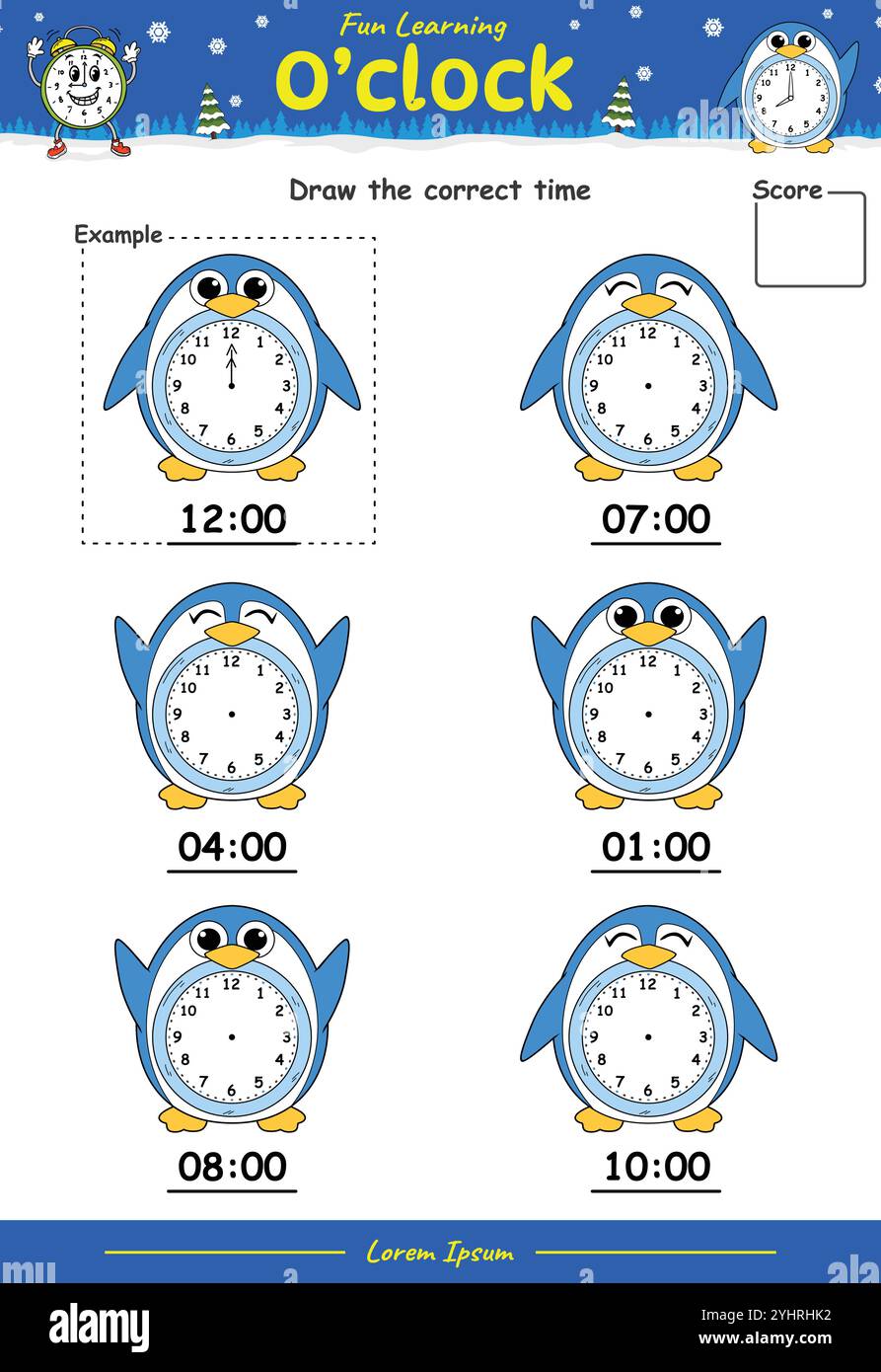 Fun Kids Learning Exercises. Draw The Time with penguin cartoon Stock ...