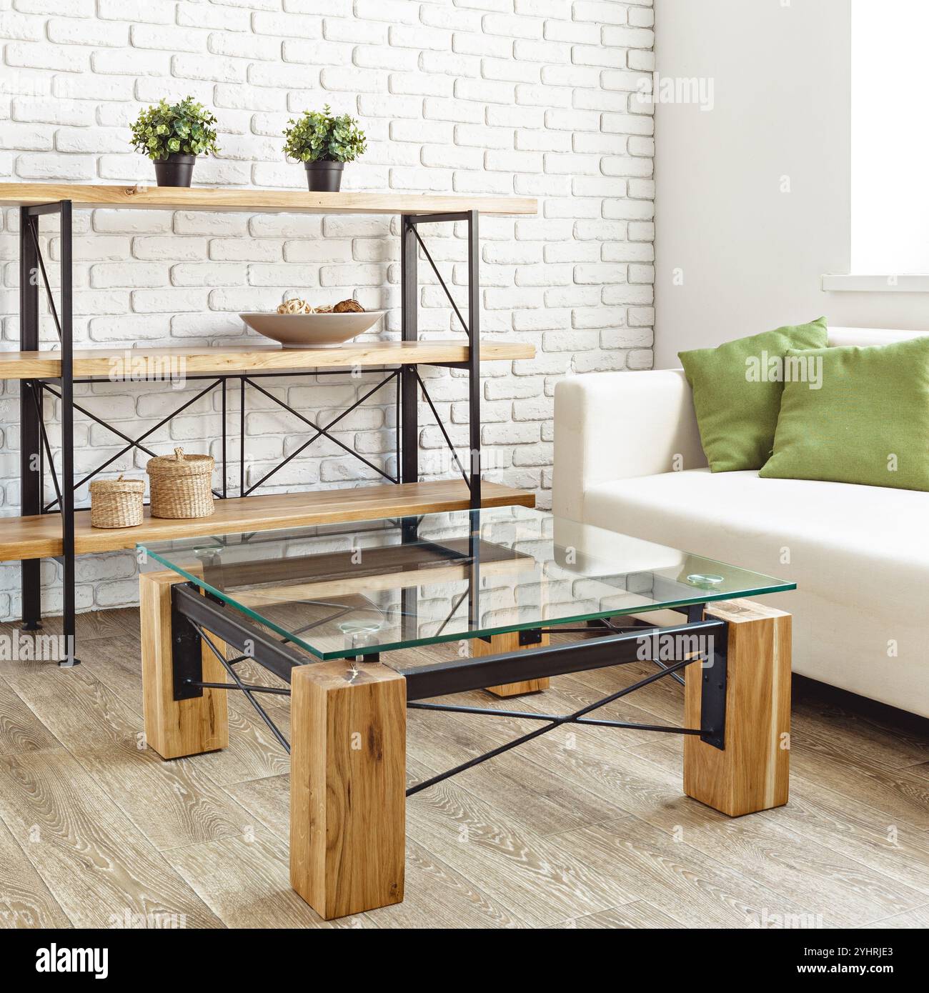 modern glass table in the loft interior Stock Photo - Alamy