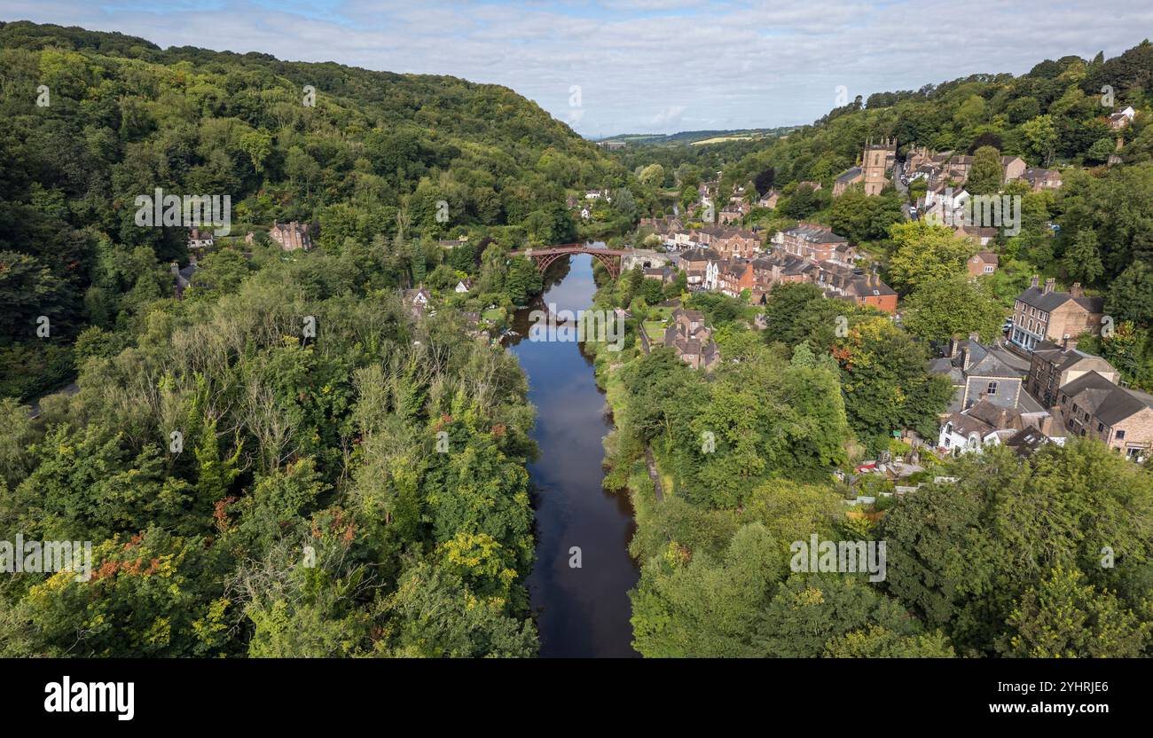 Aerial view of the iron bridge on the River Severn, Ironbridge ...