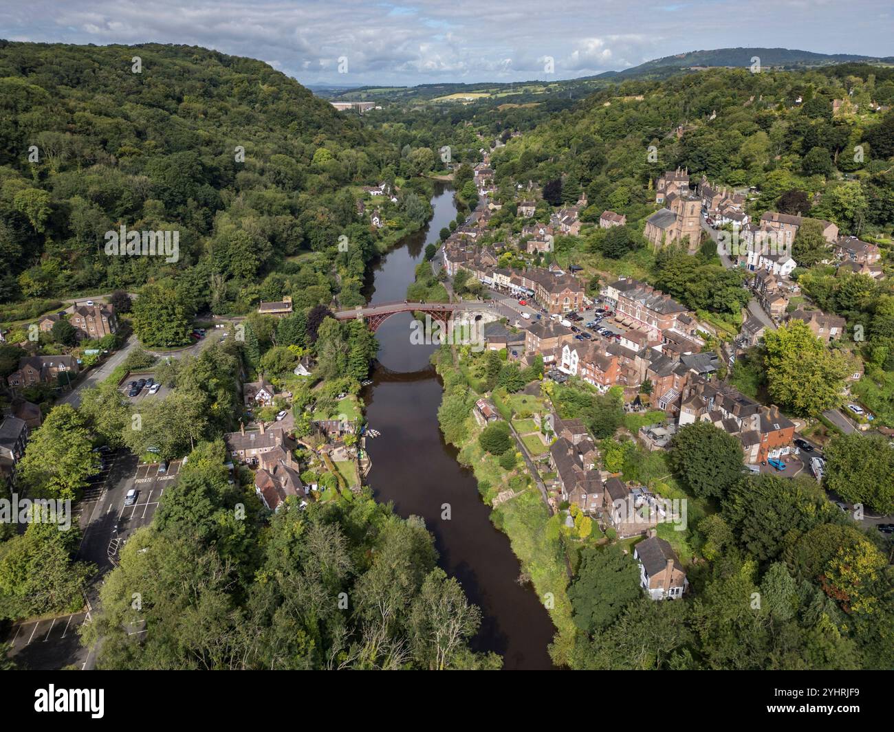 Aerial view of the iron bridge on the River Severn, Ironbridge ...