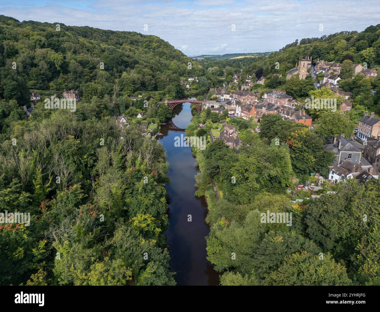 Aerial view of the iron bridge on the River Severn, Ironbridge ...