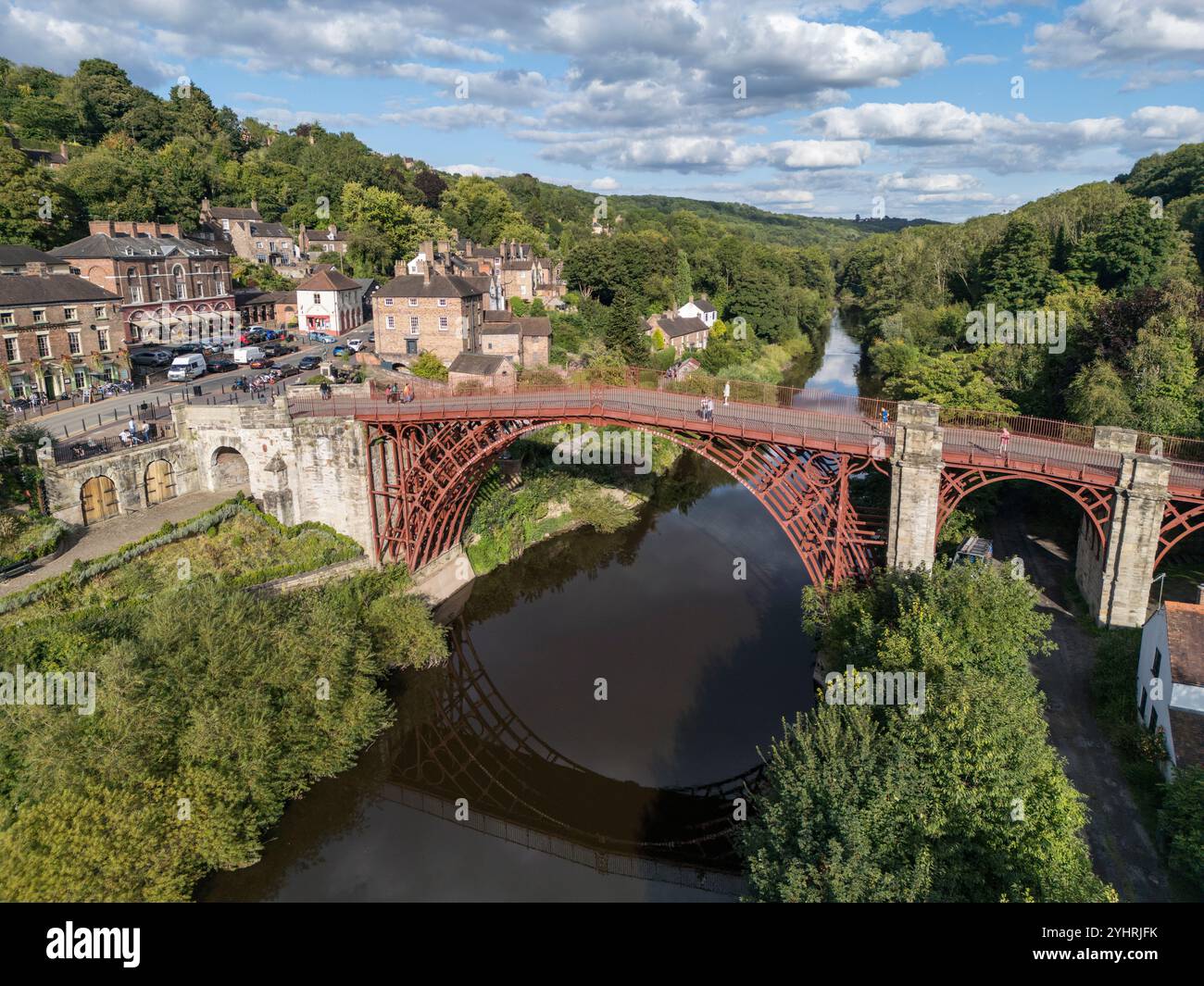 Aerial view of the iron bridge on the River Severn, Ironbridge ...
