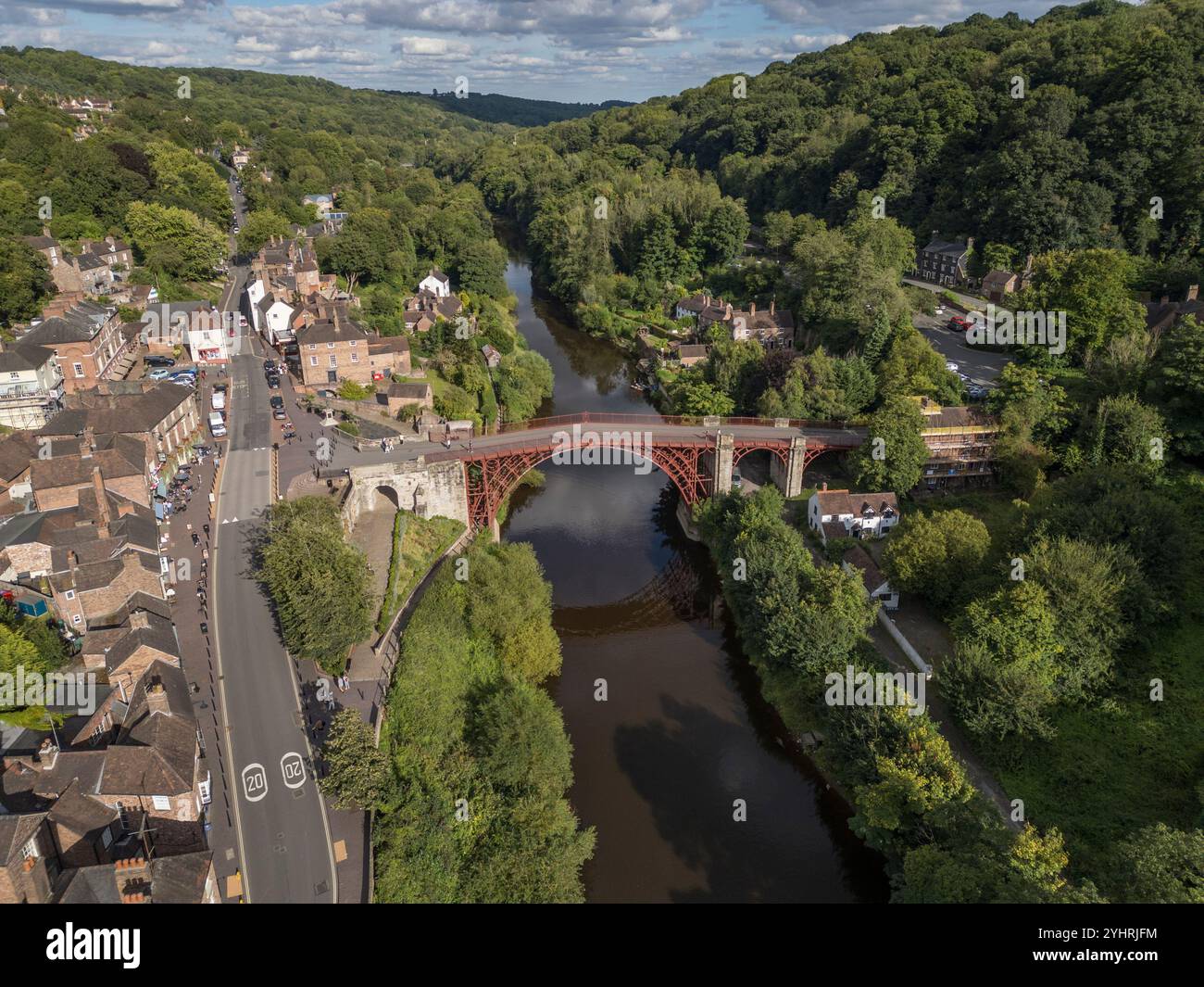 Aerial view of the iron bridge on the River Severn, Ironbridge ...