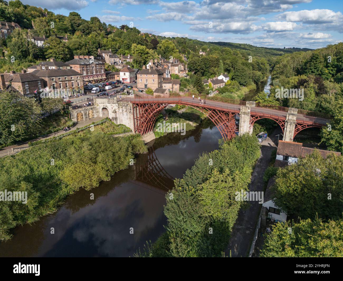 Aerial view of the iron bridge on the River Severn, Ironbridge ...