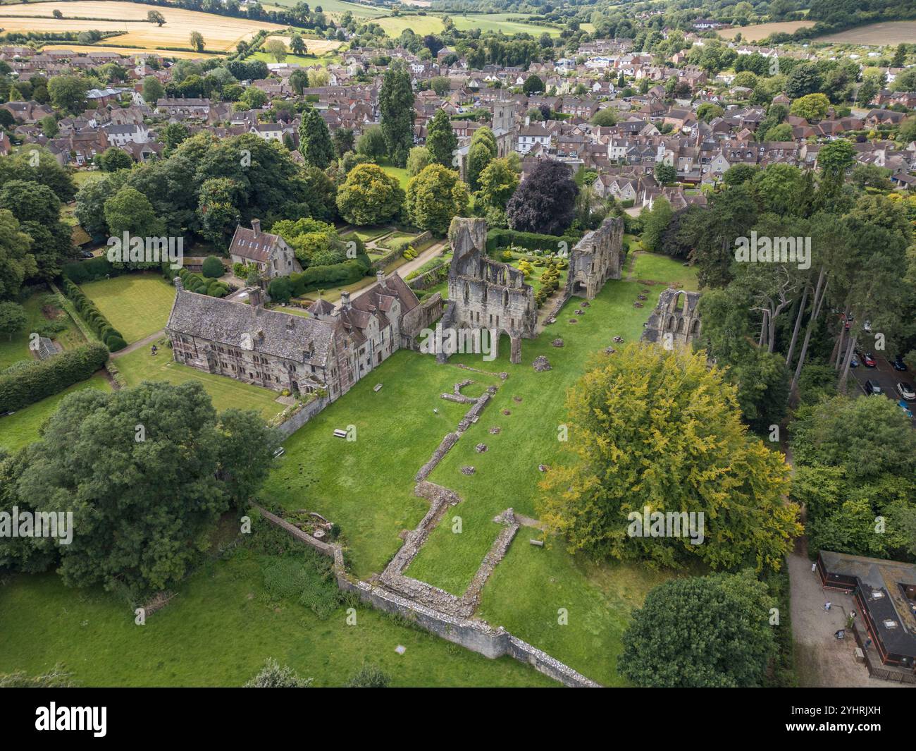 Aerial view of the ruins of Wenlock Priory, Much Wenlock, Shropshire ...