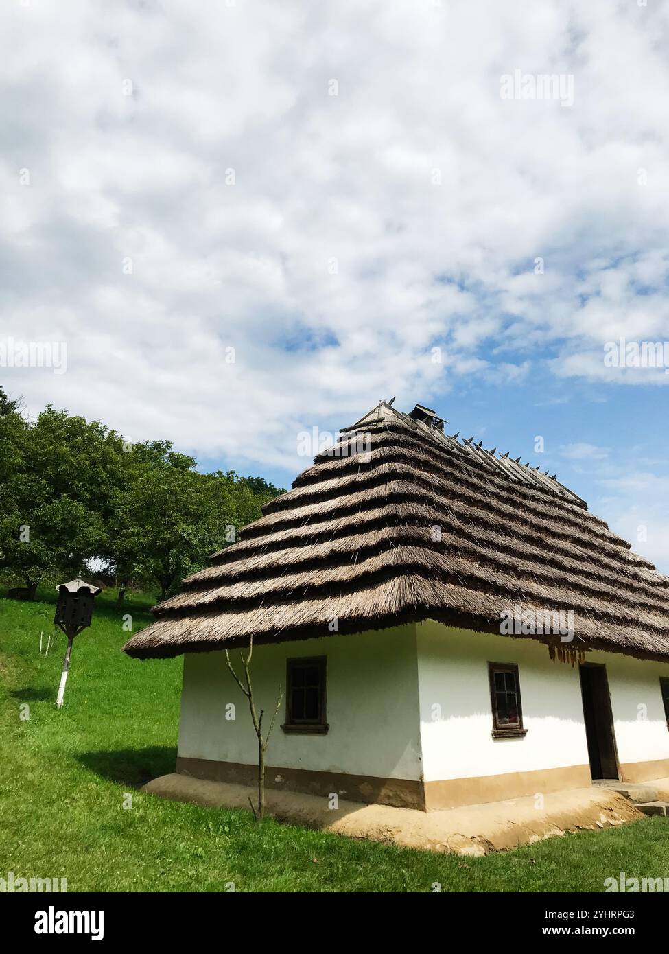 A charming rural cottage with a thatched roof surrounded by greenery ...