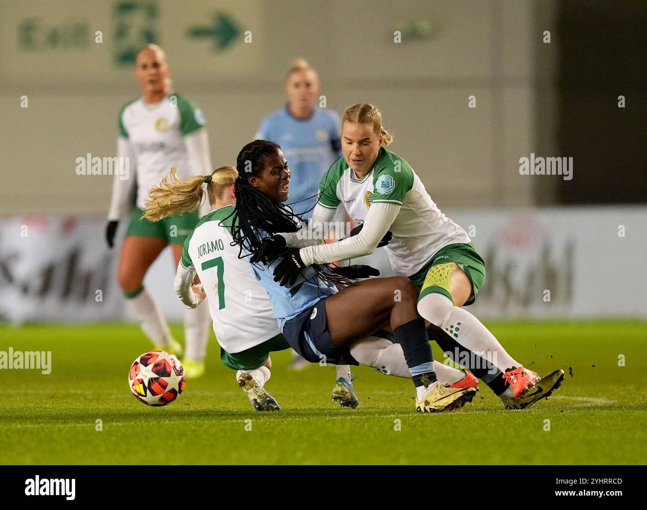 Manchester City's Khadija Shaw (centre) is fouled by Hammaby IF's ...