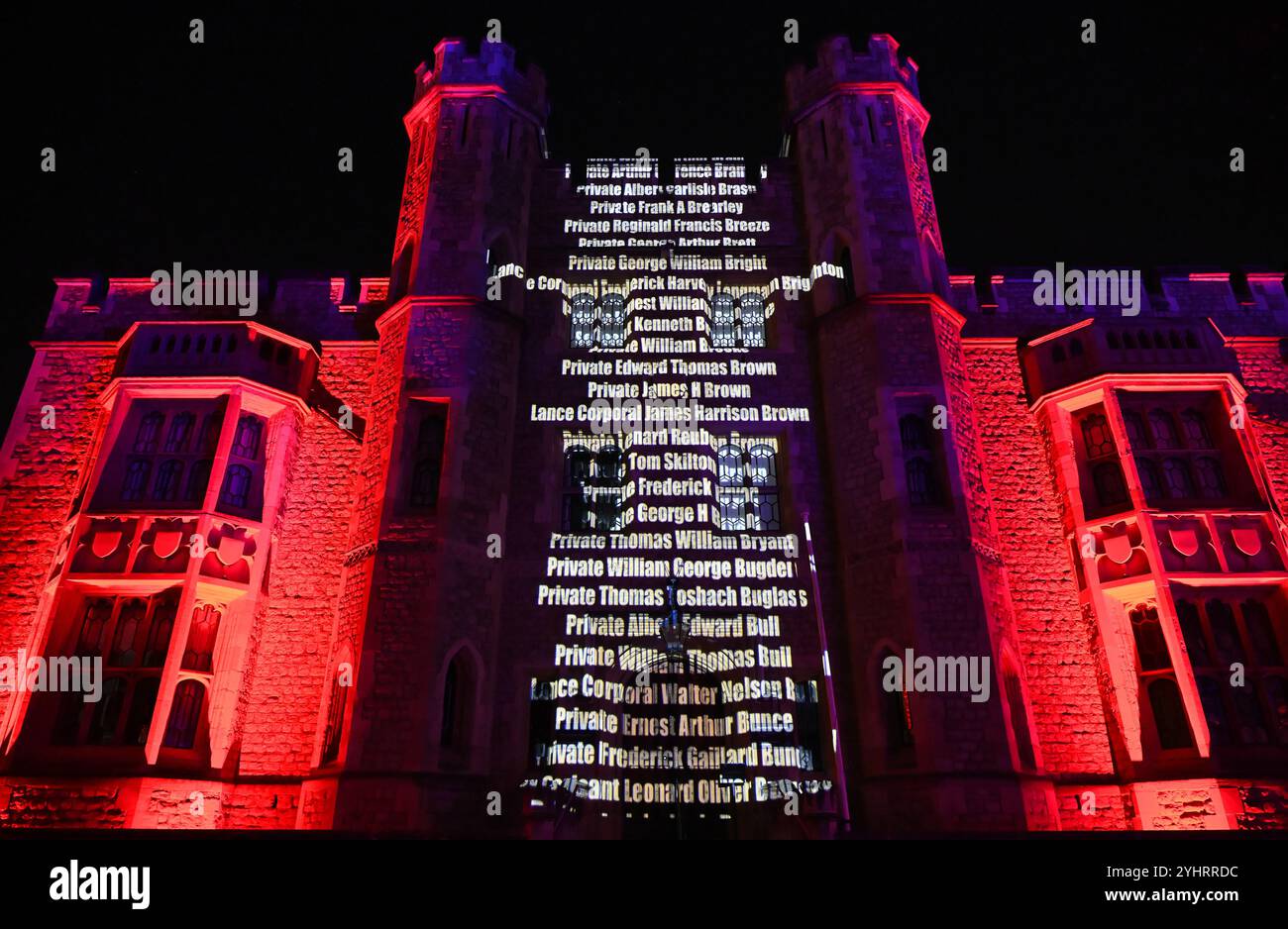 names of the fallen projected onto the Tower of London light ...