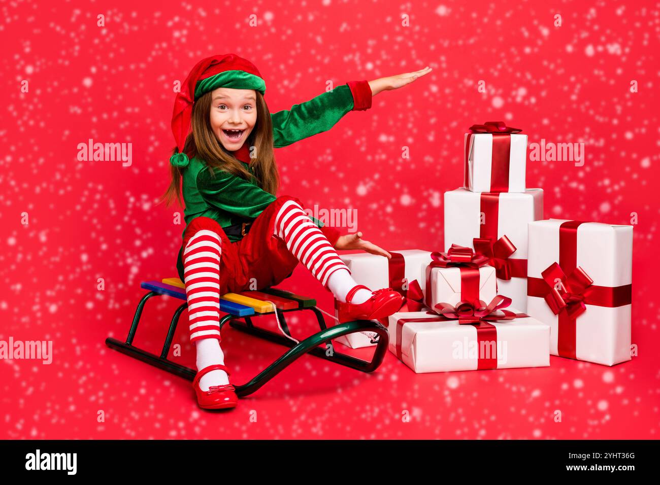 Portrait of nice attractive cheerful cheery glad positive pre-teen elf ...