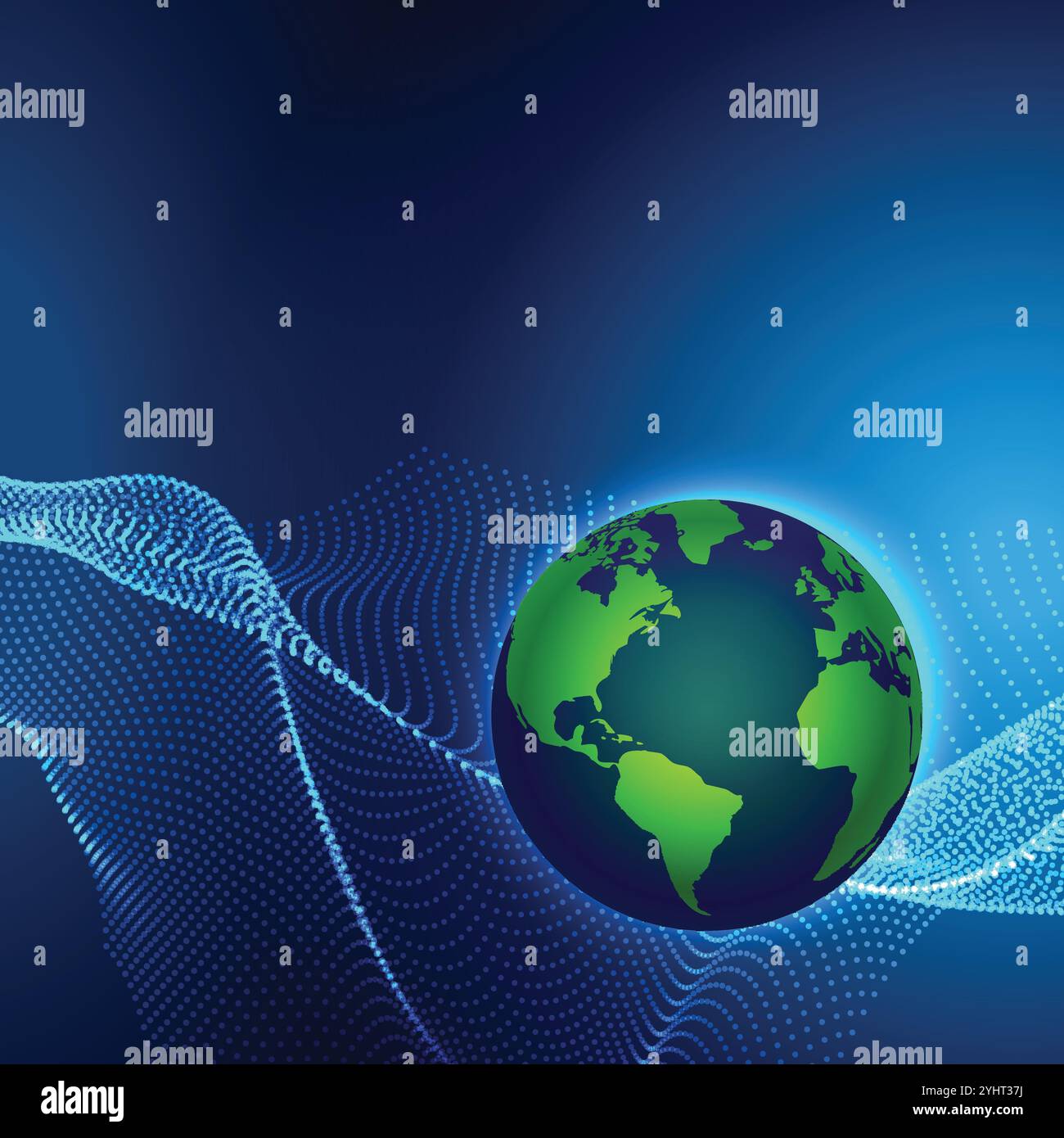 digital technology earth world map on blue background with dots wave ...