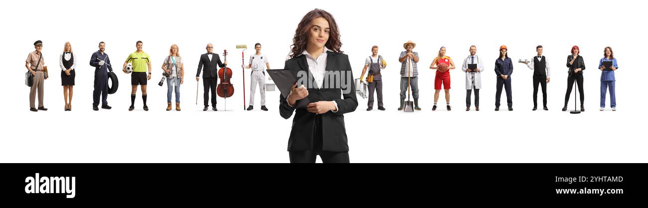 Female recruiter in front of people with different professions isolated ...