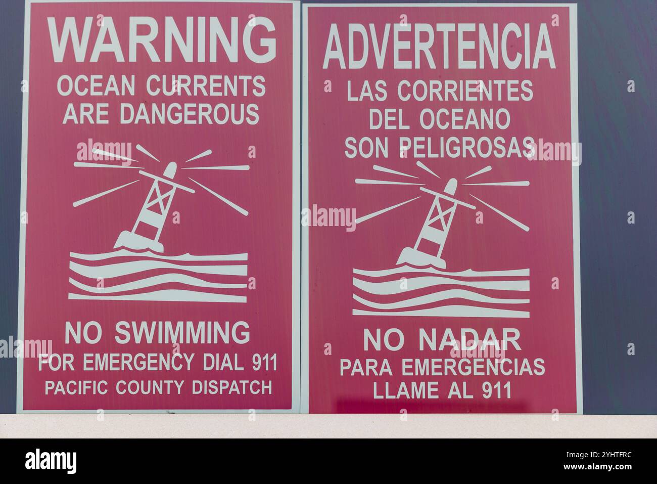 North America, USA, Washington State, Long Beach. Bilingual No Swimming ...