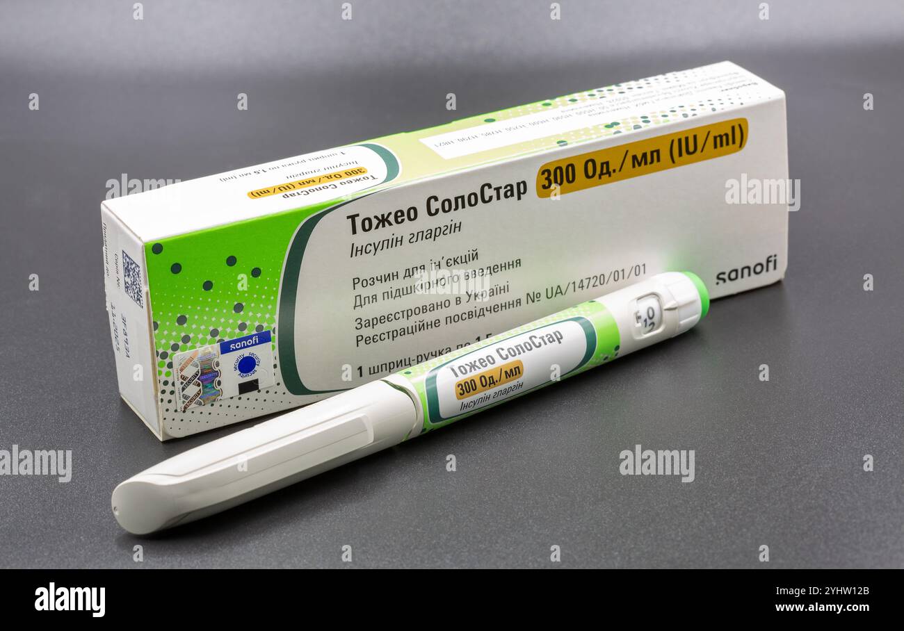 Kyiv, Ukraine - August 04, 2024: Studio shoot of Sanofi Toujeo SoloStar ...