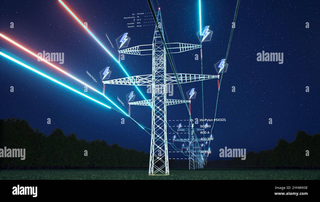 Industrial metal power tower with high voltage current flowing through ...