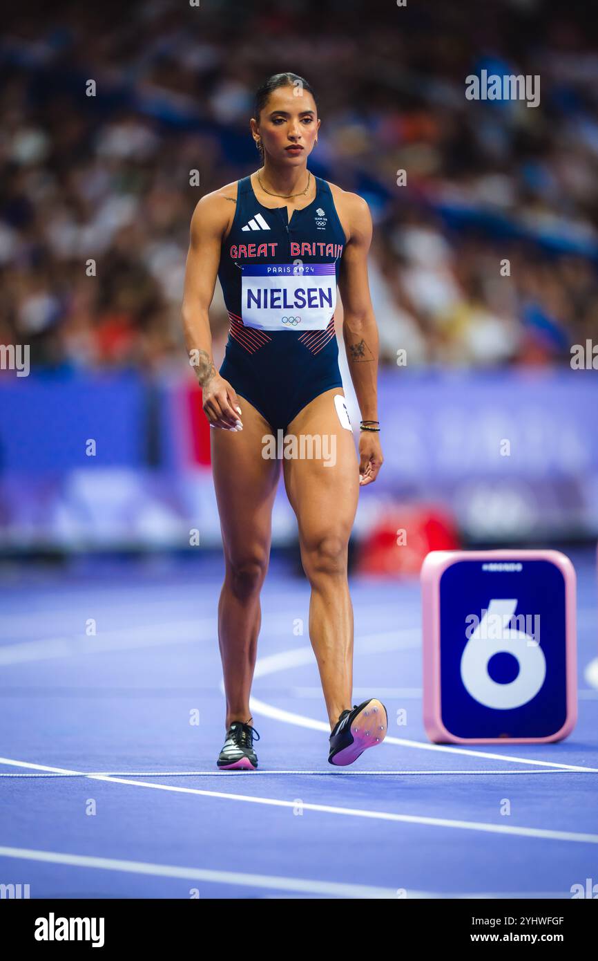 Laviai Nielsen participating in the 400 meters relay at the Paris 2024 ...