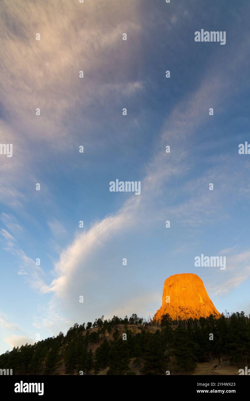 The first light of day hits Devil's Tower in Devil's Tower National ...