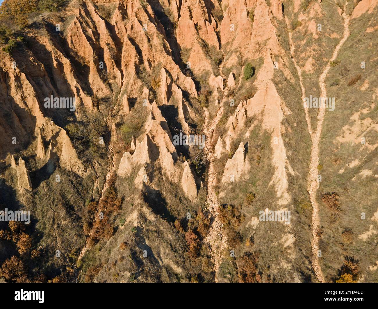 Aerial Autumn Sunset view of rock formation Stob pyramids, Kyustendil ...