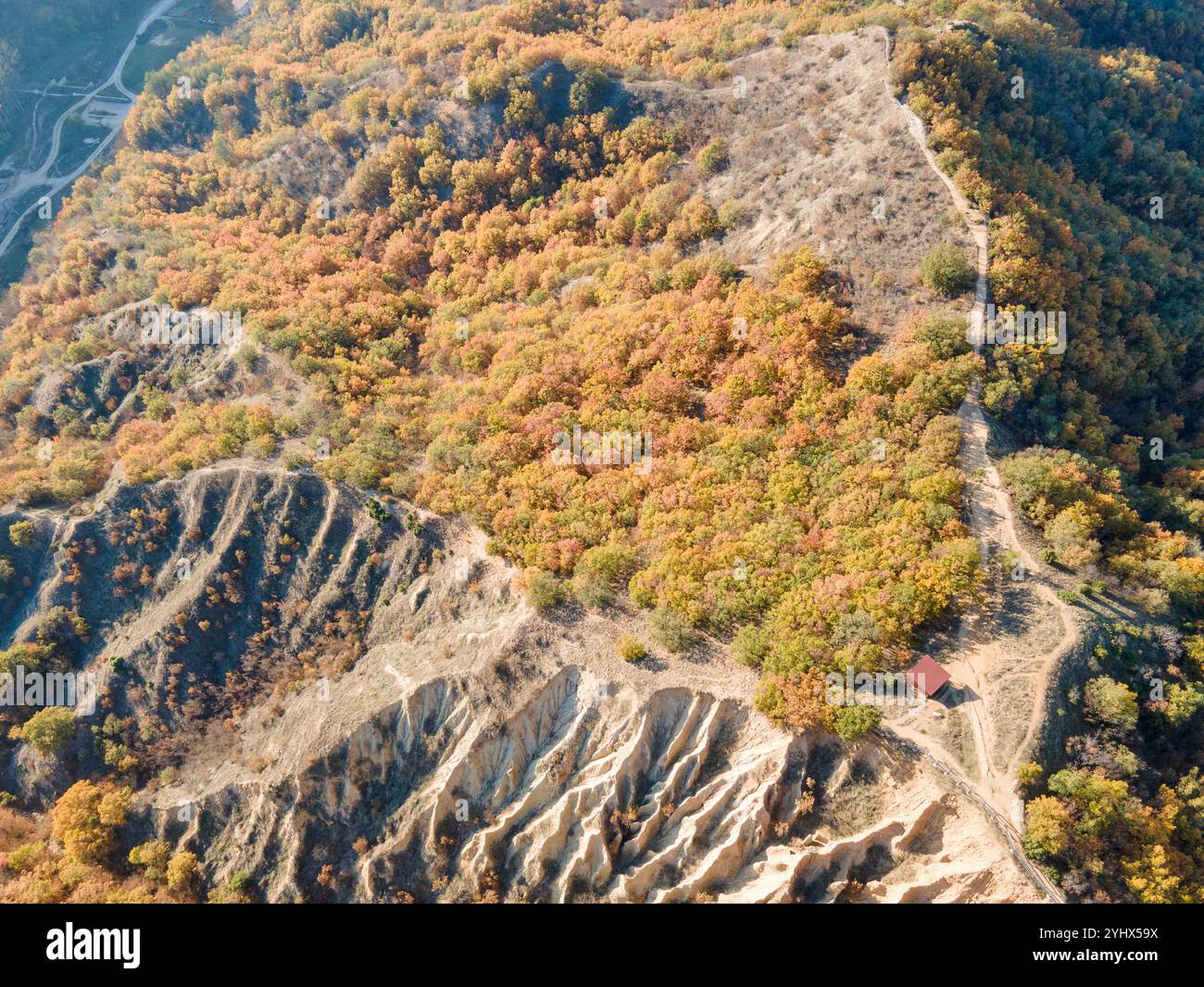 Aerial Autumn Sunset view of rock formation Stob pyramids, Kyustendil ...