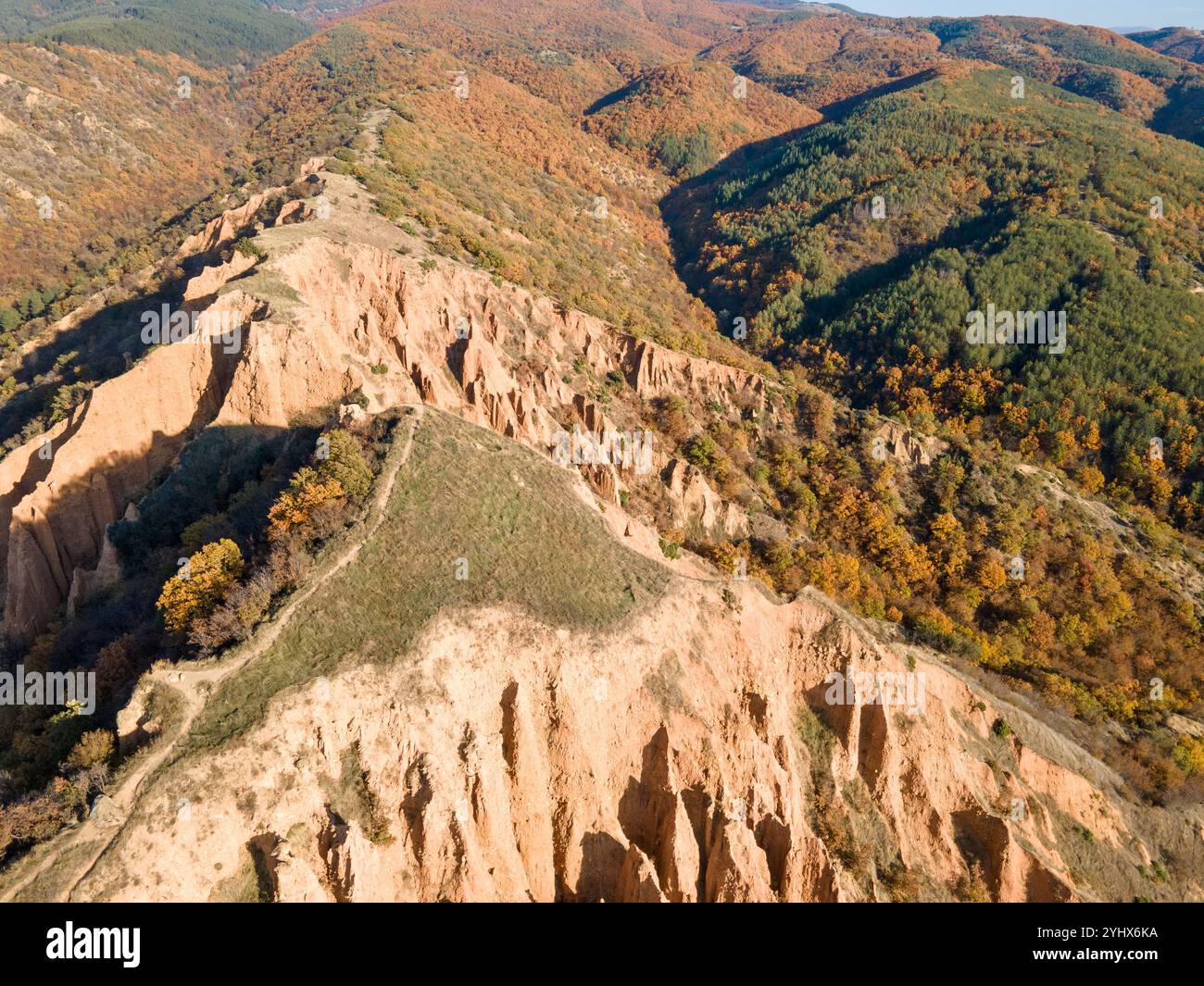 Aerial Autumn Sunset view of rock formation Stob pyramids, Kyustendil ...