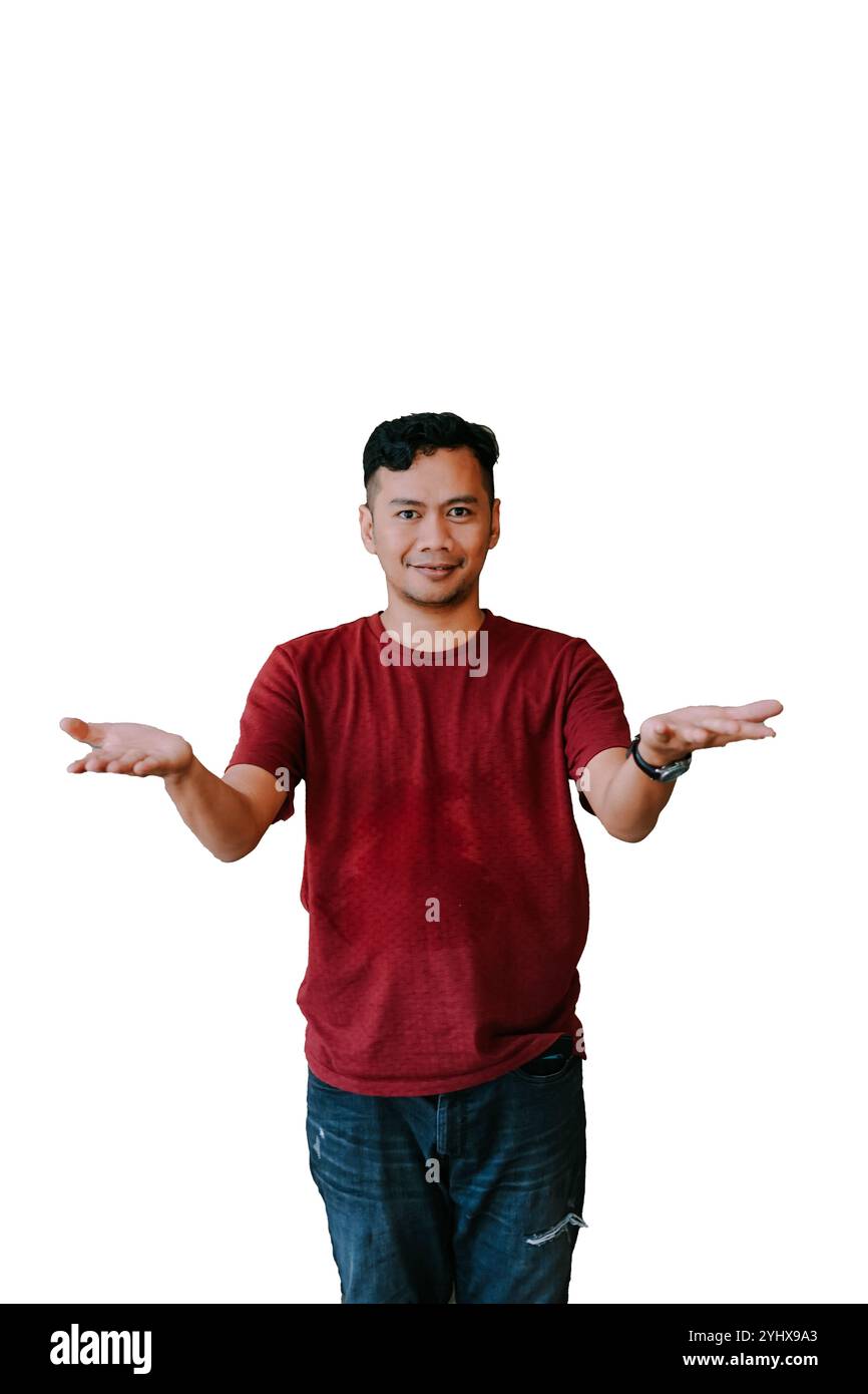 Man in red shirt with a surprised and puzzled expression, raising both ...