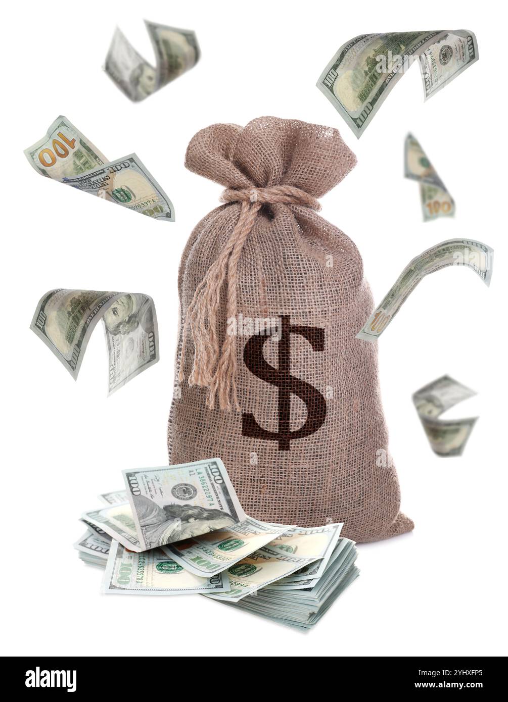 Dollar bills flying around burlap sack with currency symbol on white ...