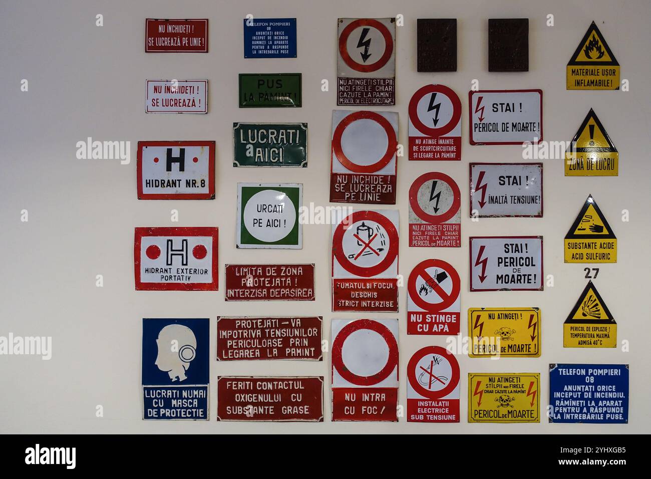 A collection of various Romanian industrial safety signs in different ...