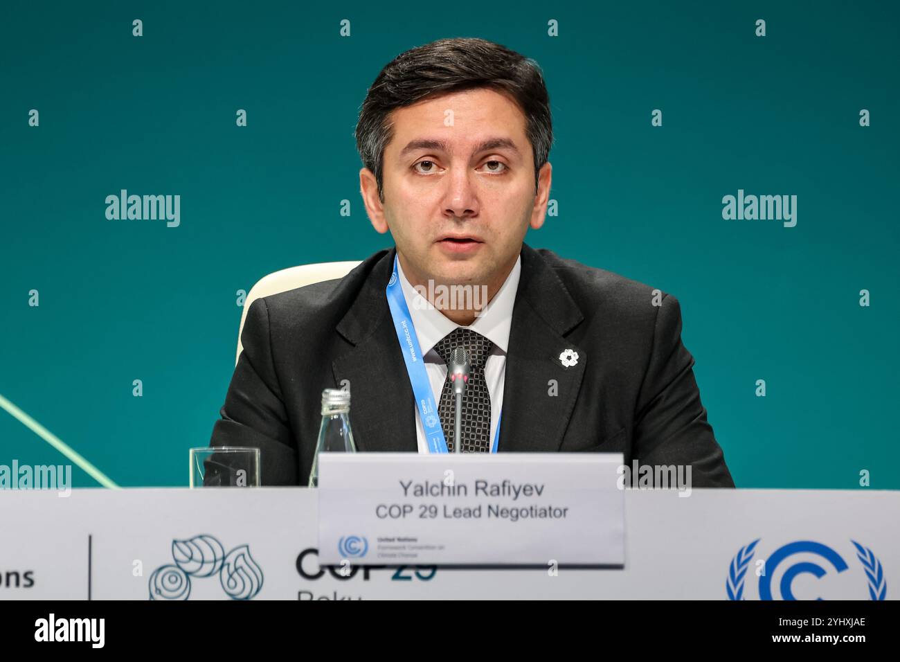 Baku, Azerbaijan. 12th Nov, 2024. Yalchin Rafiyev, COP29 Lead Negotiator attends a press ...