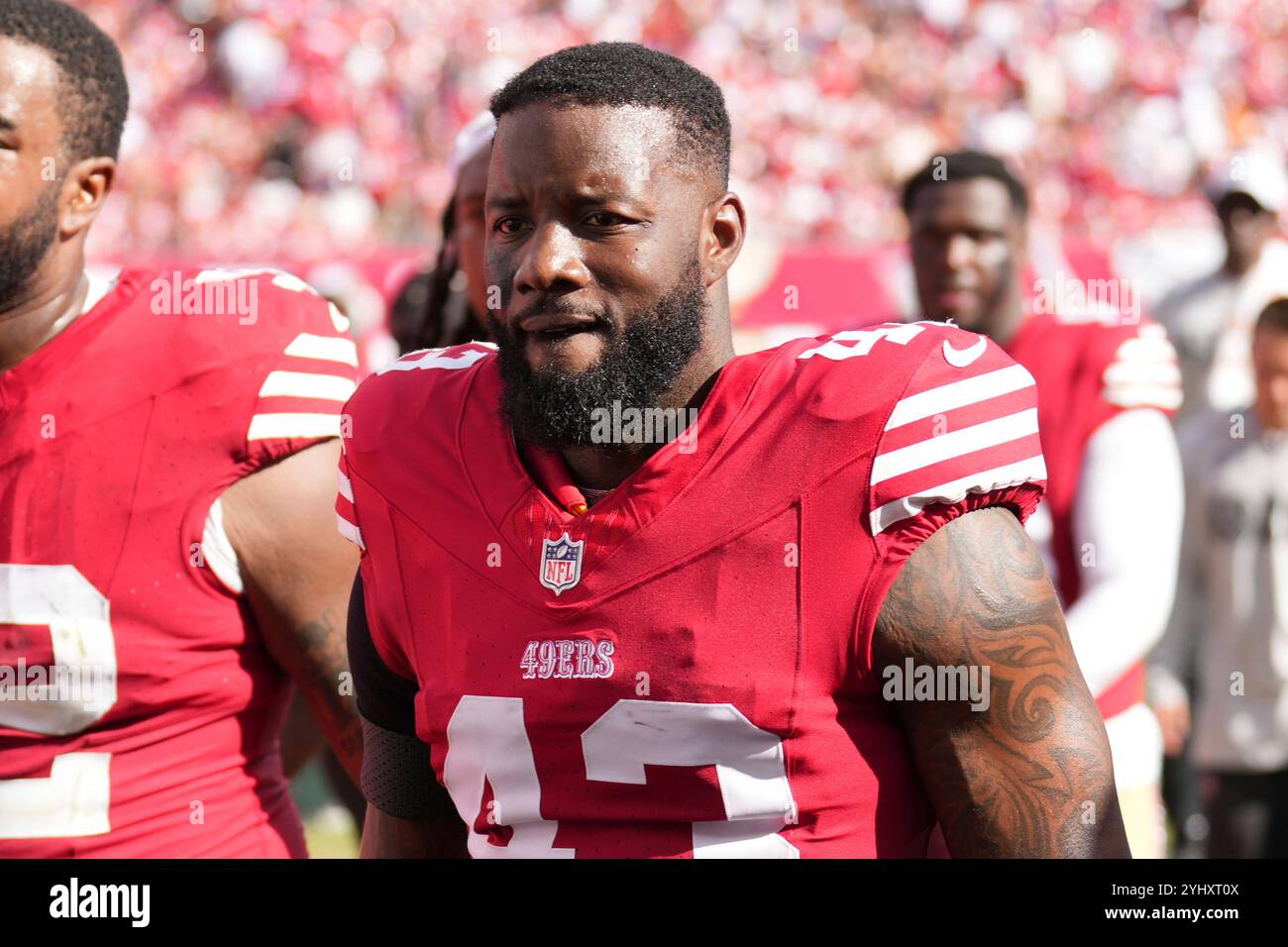 San Francisco 49ers safety Adrian Amos (43) leaves the field during an NFL football game against ...