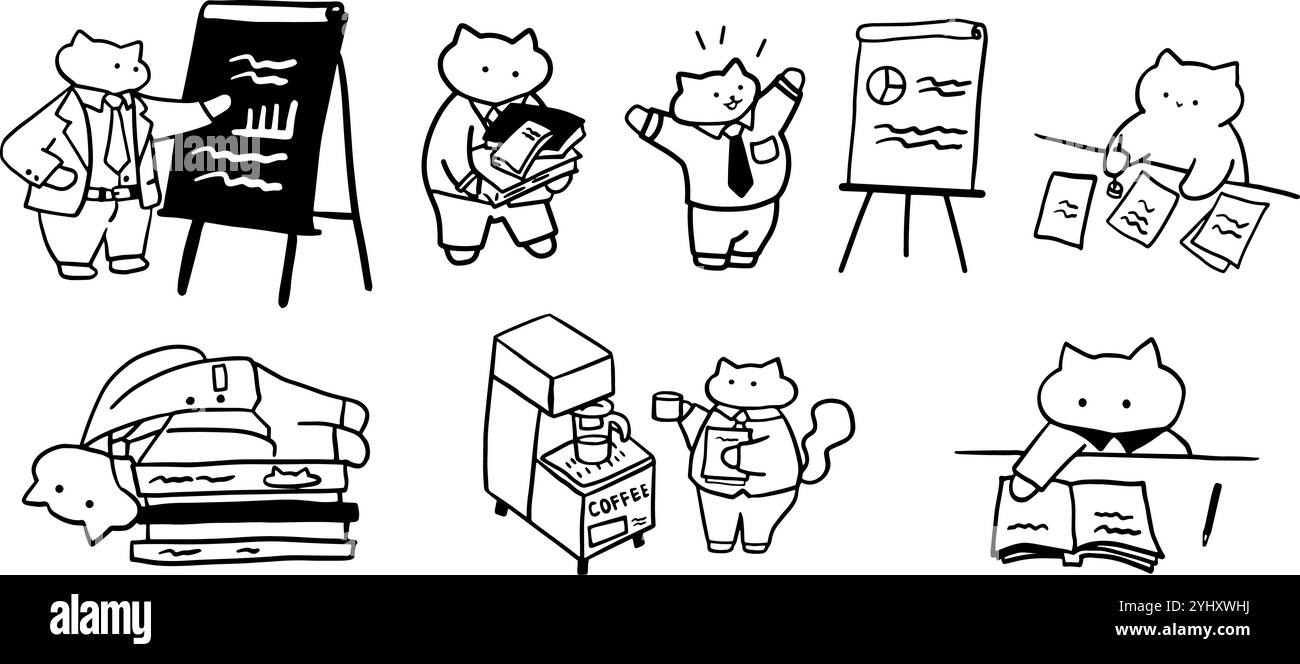 Office Cats: Cute Hand-Drawn Set | Minimalist Doodle Vector for Work ...