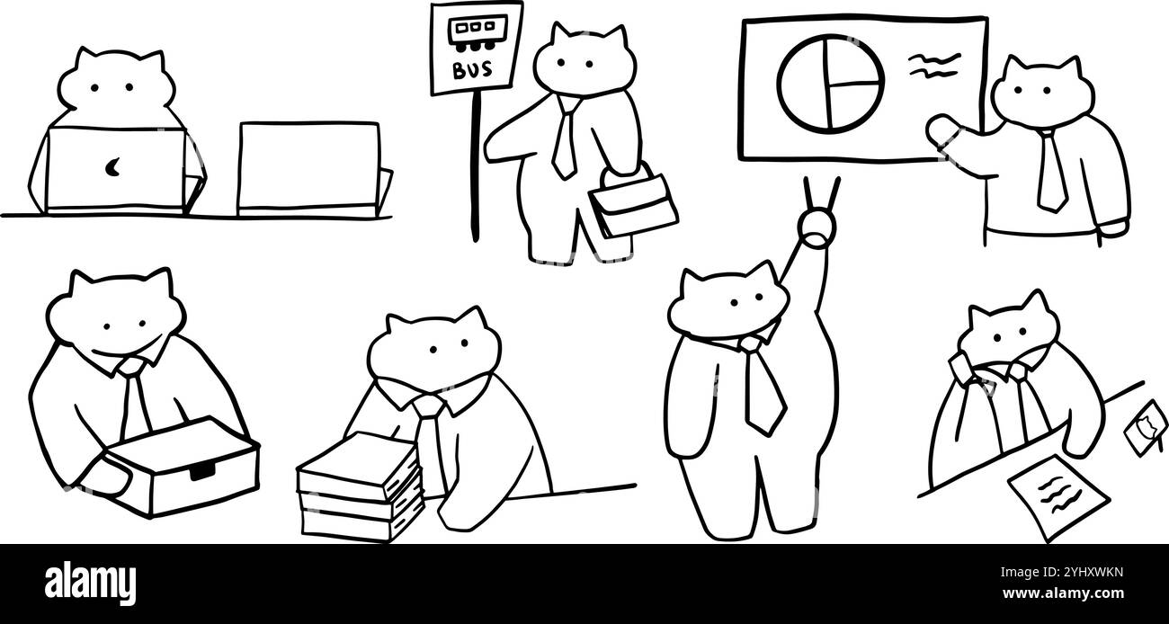 Office Cats: Cute Hand-Drawn Set | Minimalist Doodle Vector for Work ...