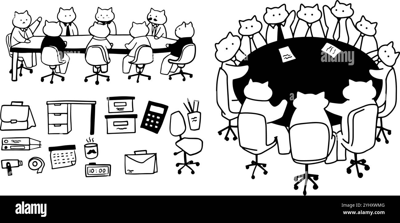 Office Cats: Cute Hand-Drawn Set | Minimalist Doodle Vector for Work ...