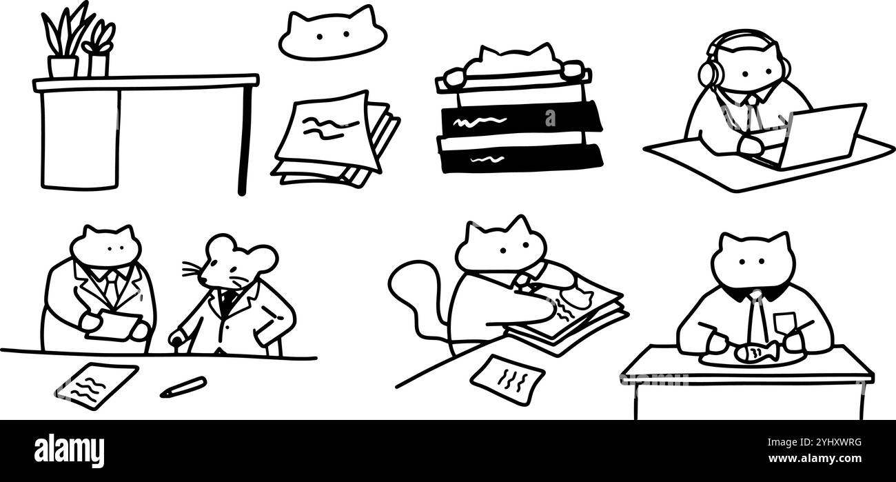 Office Cats: Cute Hand-Drawn Set | Minimalist Doodle Vector for Work ...