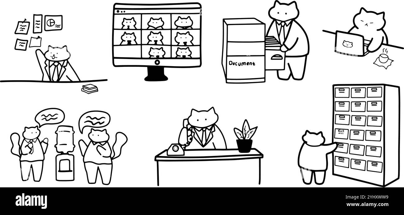 Office Cats: Cute Hand-Drawn Set | Minimalist Doodle Vector for Work ...