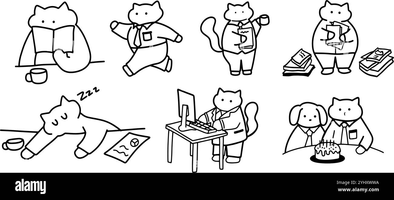 Office Cats: Cute Hand-Drawn Set | Minimalist Doodle Vector for Work ...