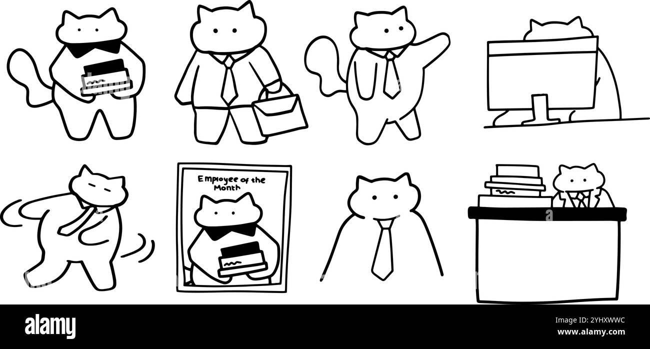 Office Cats: Cute Hand-Drawn Set | Minimalist Doodle Vector for Work ...