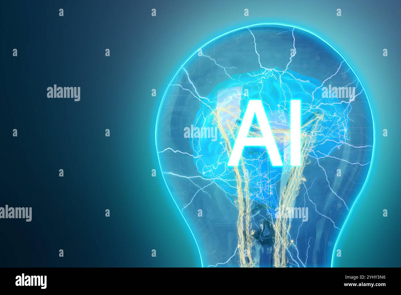 Ai abbreviation and illustration of brain in light bulb against blue ...