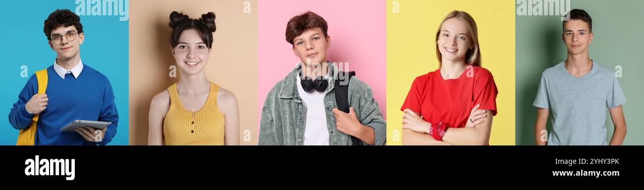 Teenagers on different colors backgrounds. Collection of portraits ...