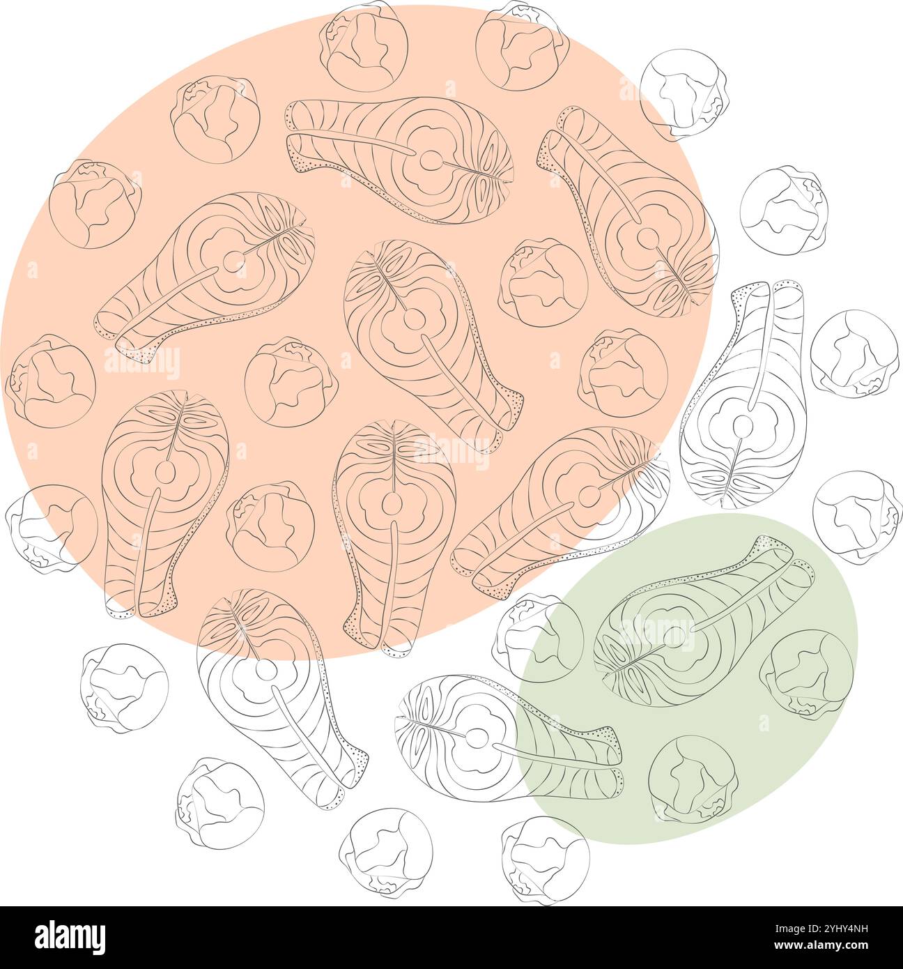 Outline Salmon steak and brussels sprout heads. Circle Frame Border on ...