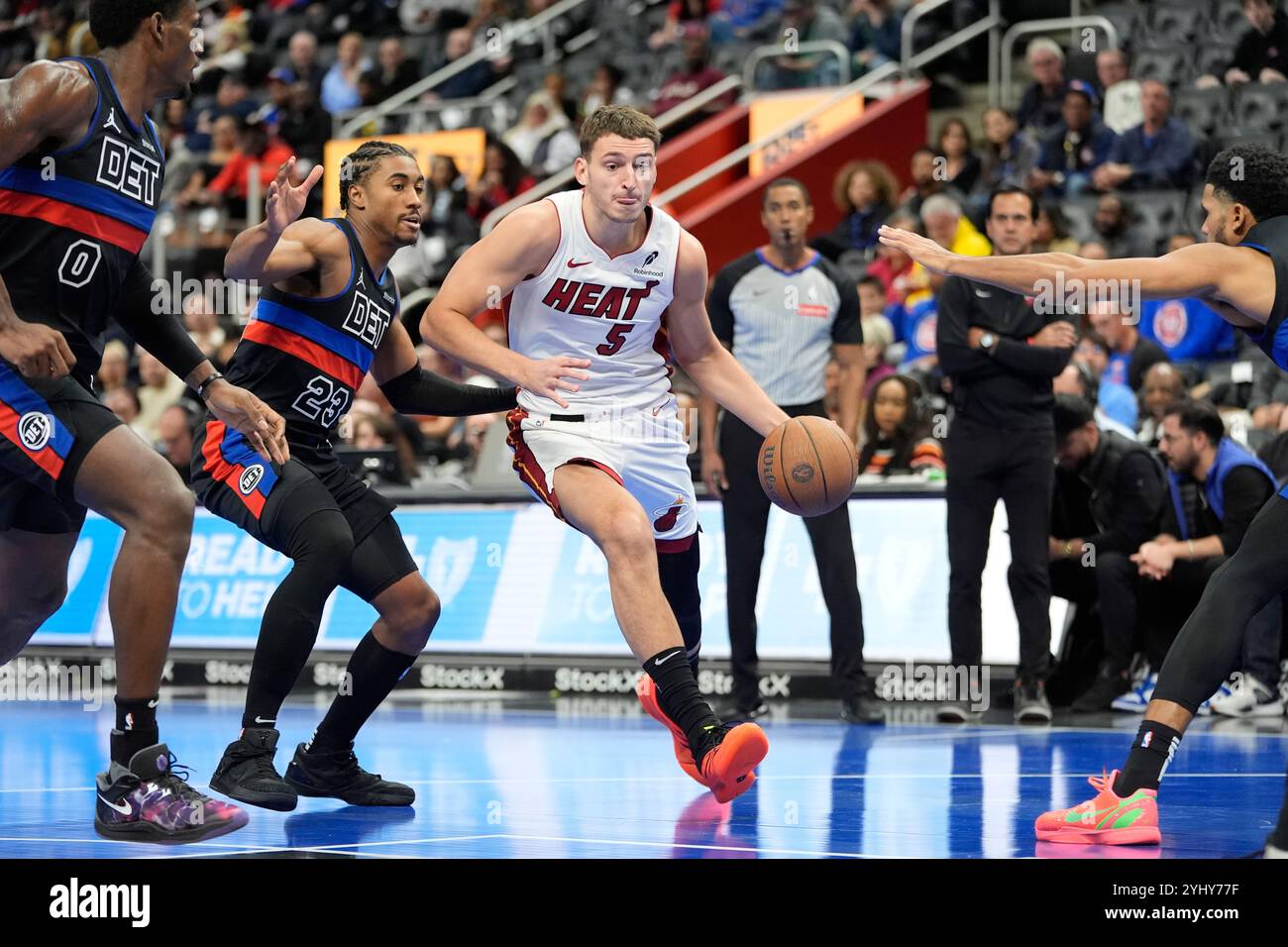 Miami Heat forward Nikola Jovic (5) drives during the first half of an ...