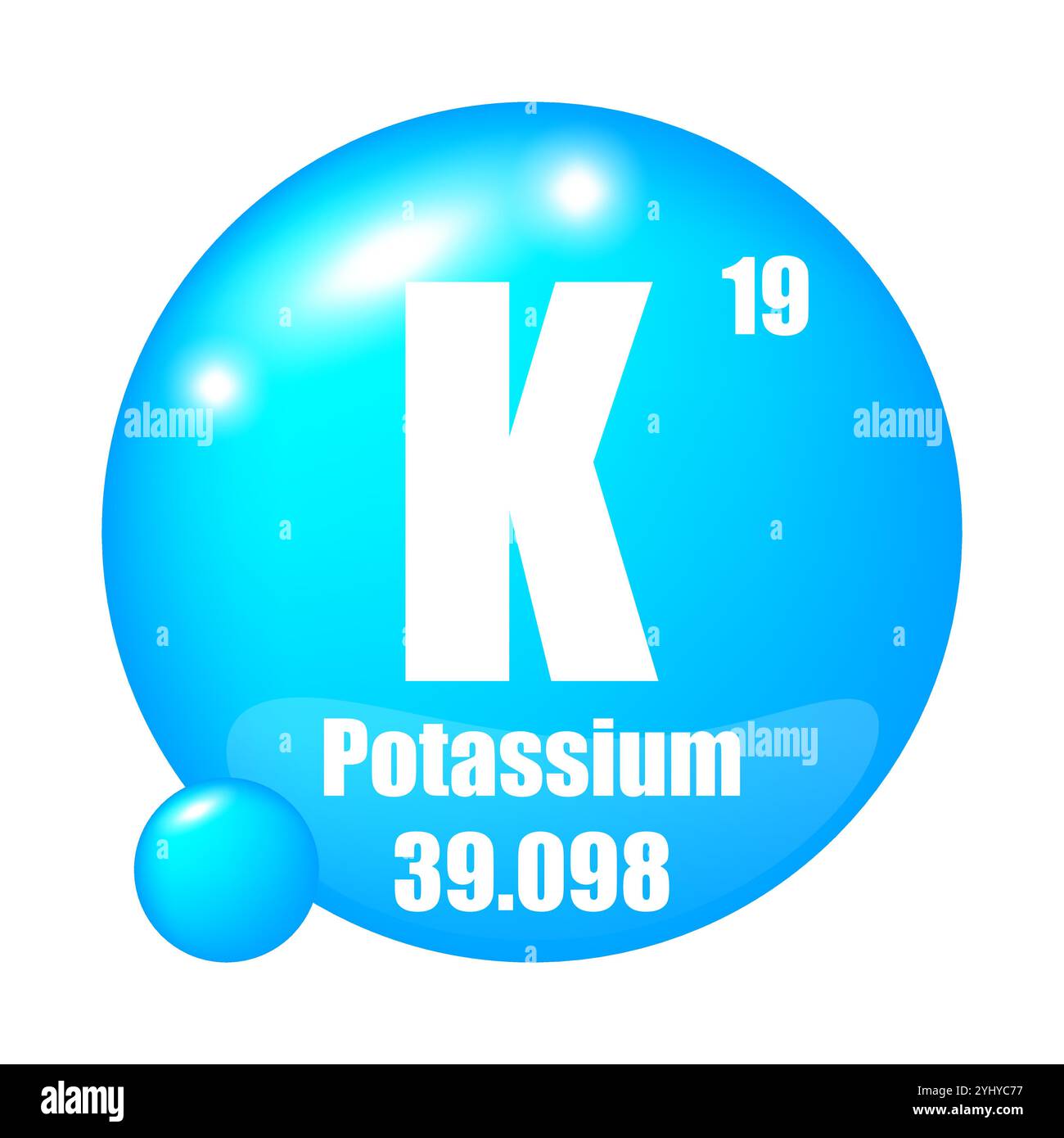 Potassium element. Atomic symbol K. Atomic number nineteen. Mass 39.098 ...